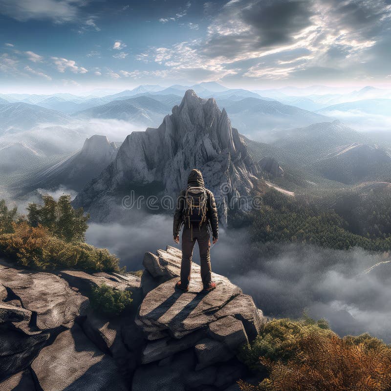 Hiker with Backpack Standing on the Edge of a Cliff, Hiker at the ...