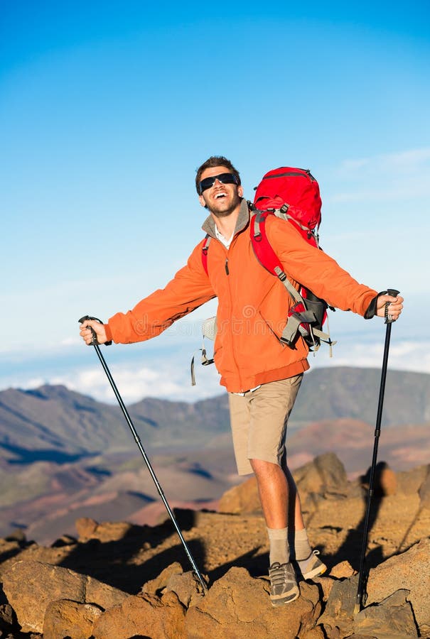 Hiker with Backpack Enjoying View from Top of a Mountain. Stock Image ...