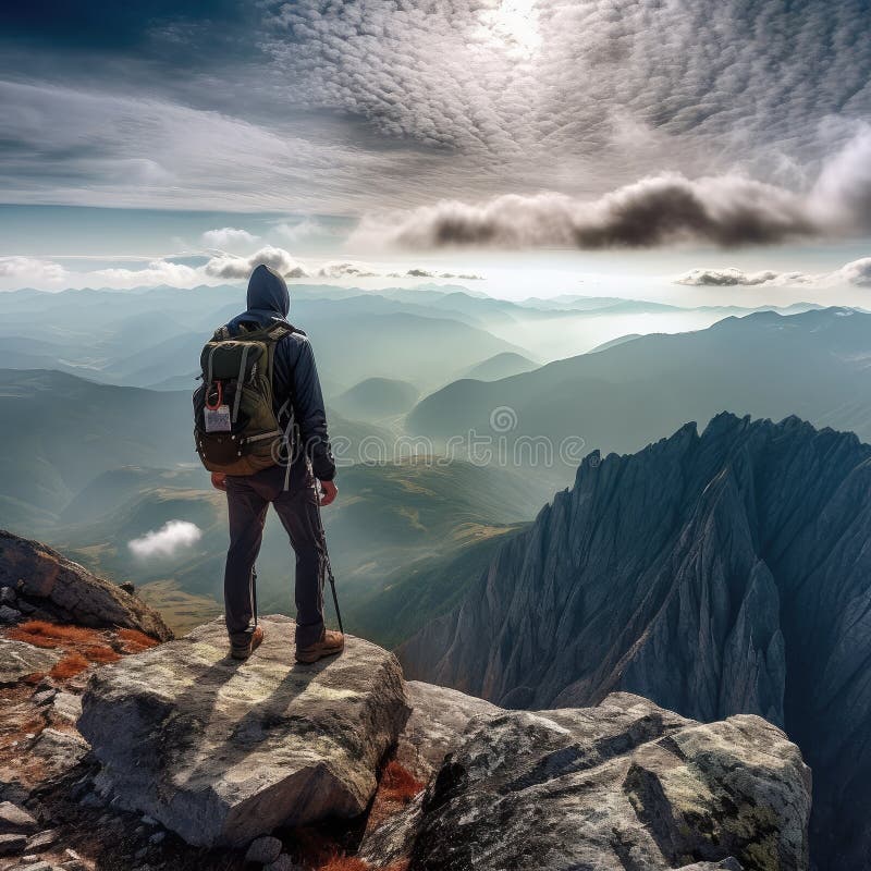 Hiker with Backpack Standing the Summit of a Mountain, Experience the ...