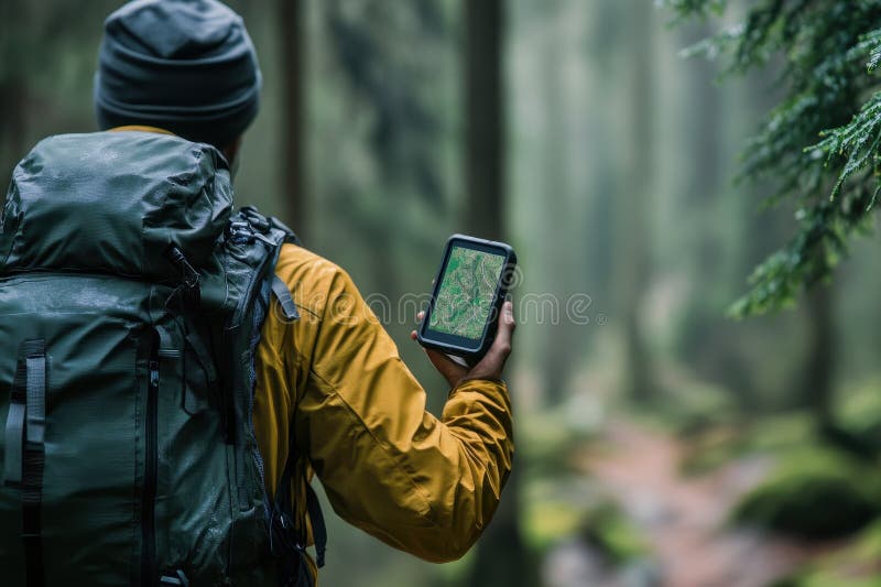 Hiker with Backpack Using GPS Device in a Forest Stock Illustration ...