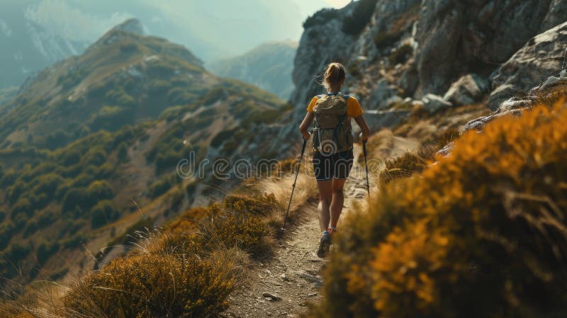 Adventurous Mountain Hiker with a Backpack Navigating a Rugged Trail ...