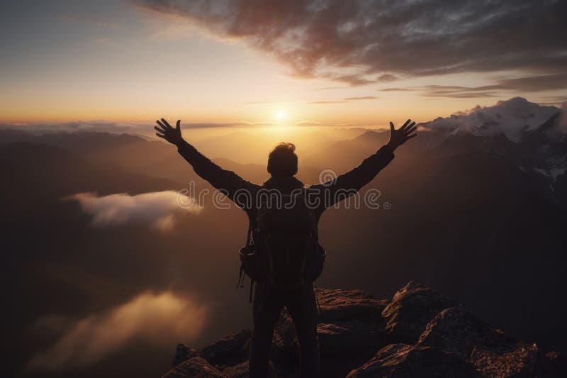 Hiker Celebrating at Mountain Summit at Sunset Stock Photo - Image of ...