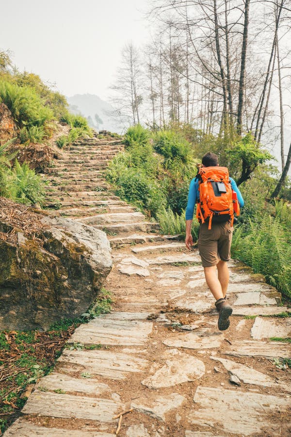 Hiker climb the stairs stock image. Image of walking - 86119545