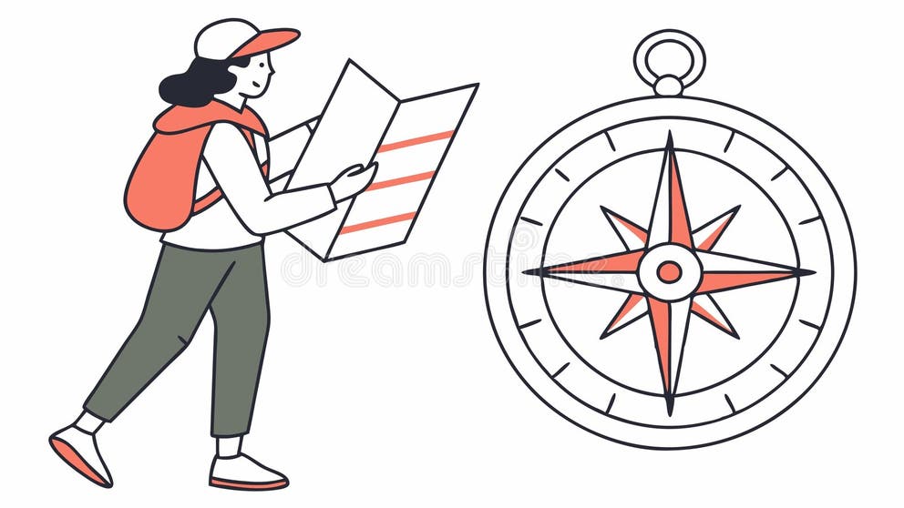 Hiker with Map and Compass, Guided Outdoor Adventure, Vector Design ...