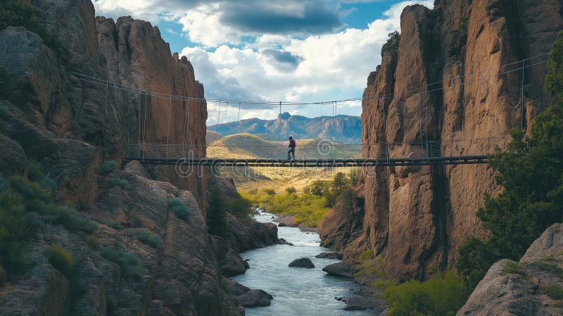 Hiker Crossing a High Suspension Bridge, with a Roaring River Below ...