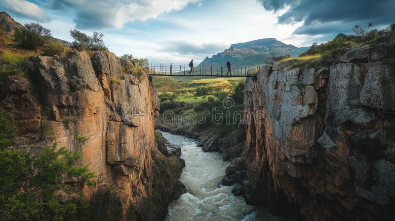 Hiker Crossing a High Suspension Bridge, with a Roaring River Below ...