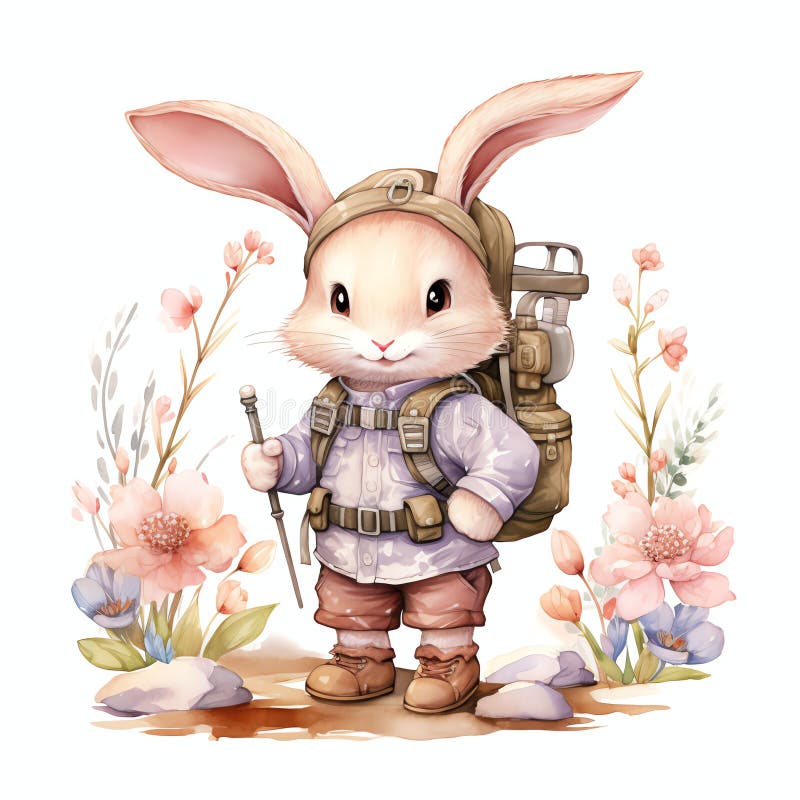 Hiker Cute Bunny Blue Cute Bunny Watercolor Stock Illustration ...