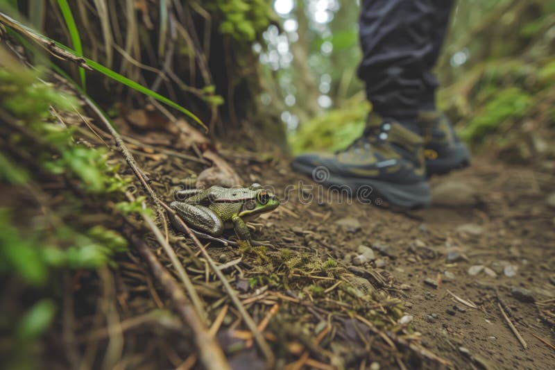 Hiker Discovering a Camouflaged Frog on a Trail Stock Photo - Image of ...