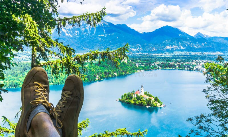 Hiker Enjoying Panoramic View Over Lake Bled in Slovenia Stock Photo ...