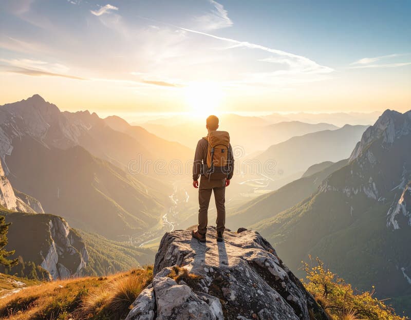Hiker Enjoying Sunrise View from Mountain Peak Overlooking Valley Below ...