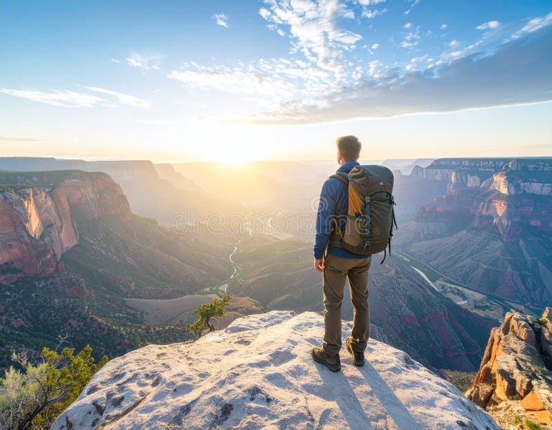 Hiker Enjoying Sunrise View from Mountain Peak Overlooking Valley Below ...