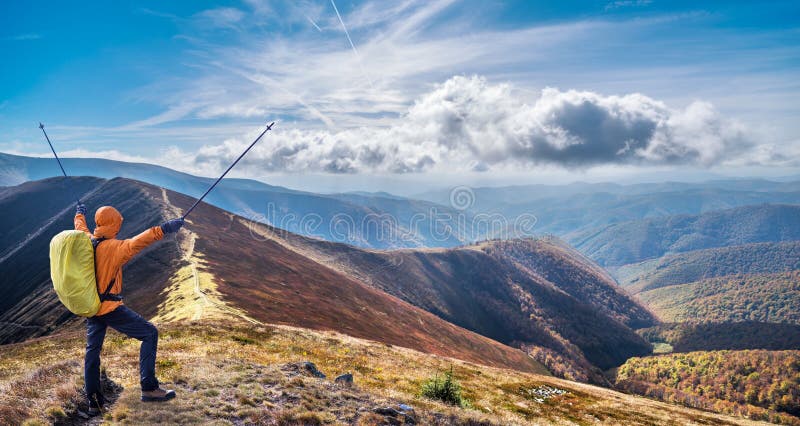 Hiker Enjoying the Trip in the Top of Mountain Stock Image - Image of ...