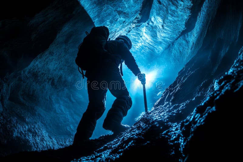 Hiker Exploring Blue Glacier Cave with Backpack and Trekking Pole Stock ...
