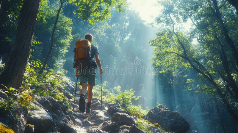 Hiker Exploring Forest in Sunlight Stock Image - Image of travel ...