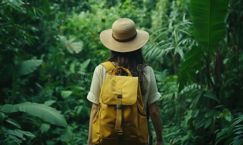 Hiker Exploring Lush Green Jungle, Wearing Straw Hat and Yellow ...