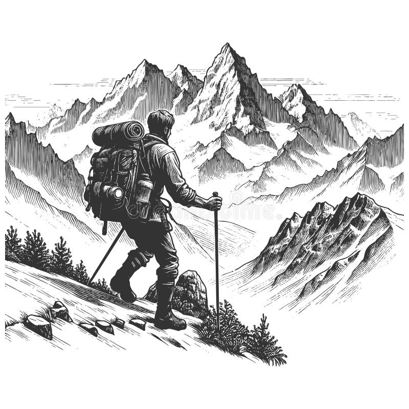 Hiker Exploring Mountain Range Engraving Vector Stock Illustration ...