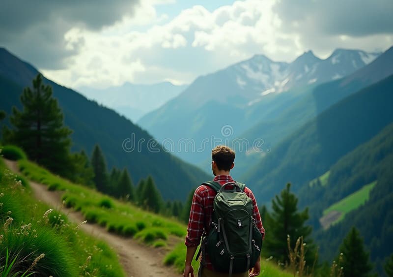 Hiker Exploring a Scenic Mountain Trail with Backpack and Sweeping ...