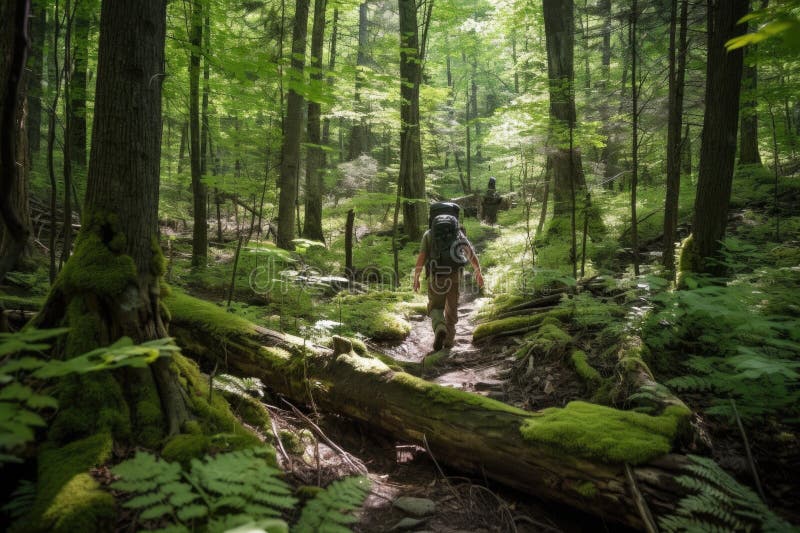 Hiker Following Trail Markers through Dense Forest Stock Illustration ...