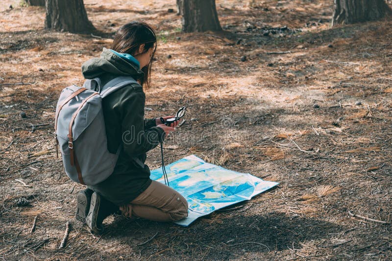Hiker Girl with a Compass and Map Stock Image - Image of person ...