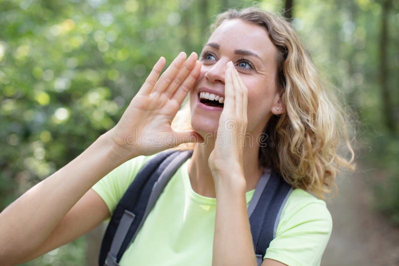 Hiker Girl Shouting and Announcing Something at Outdoors Stock Image ...