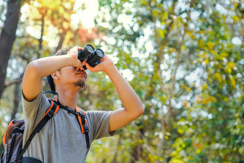 Hiker Guy is Looking in Binoculars Enjoying Spectacular View Bird Stock ...