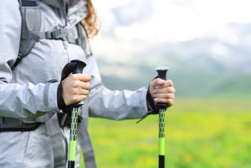 Hiker Hands Using Poles in the Mountain Stock Image - Image of active ...
