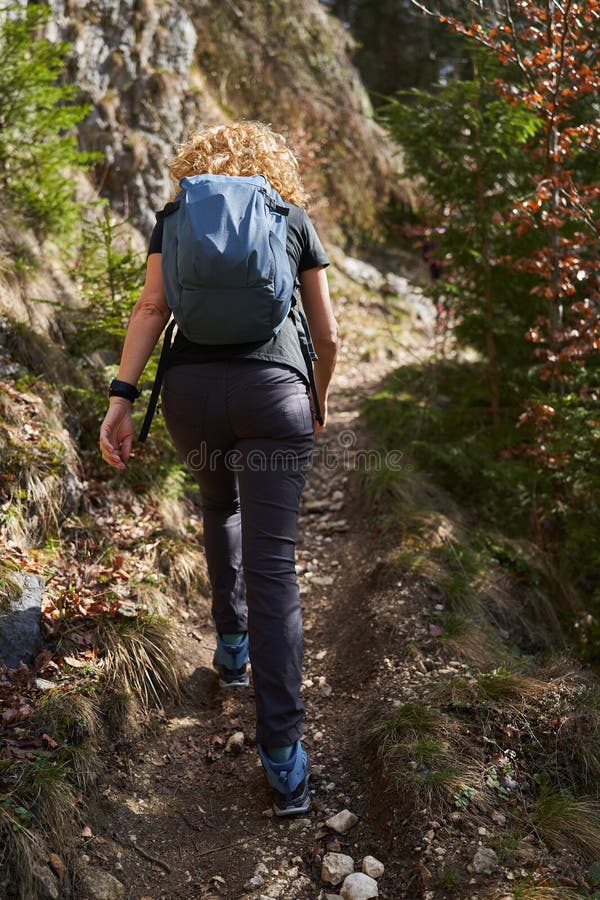 Hiker Lady with Backpack Alone on the Trail Stock Image - Image of ...