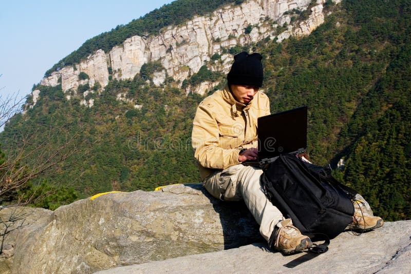 Hiker with laptop stock image. Image of computer, brook - 7073393