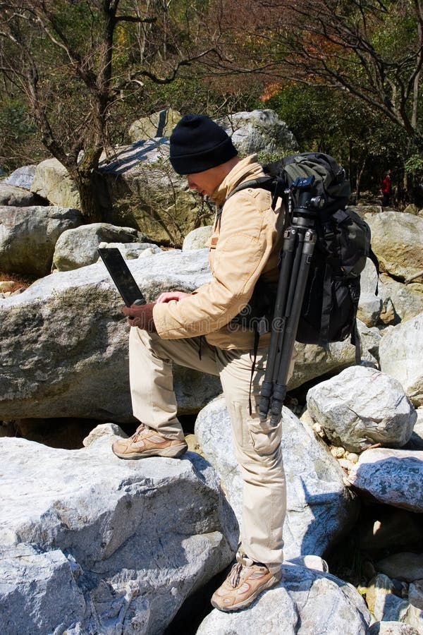 Hiker with laptop stock image. Image of computer, brook - 7073393