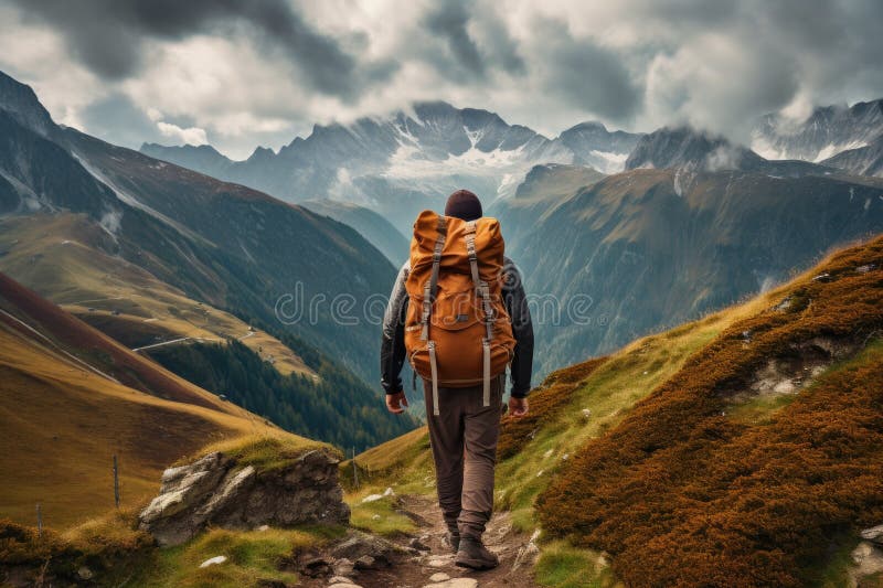 A Hiker with a Large Backpack on a Mountain Path with Dramatic Peaks in ...