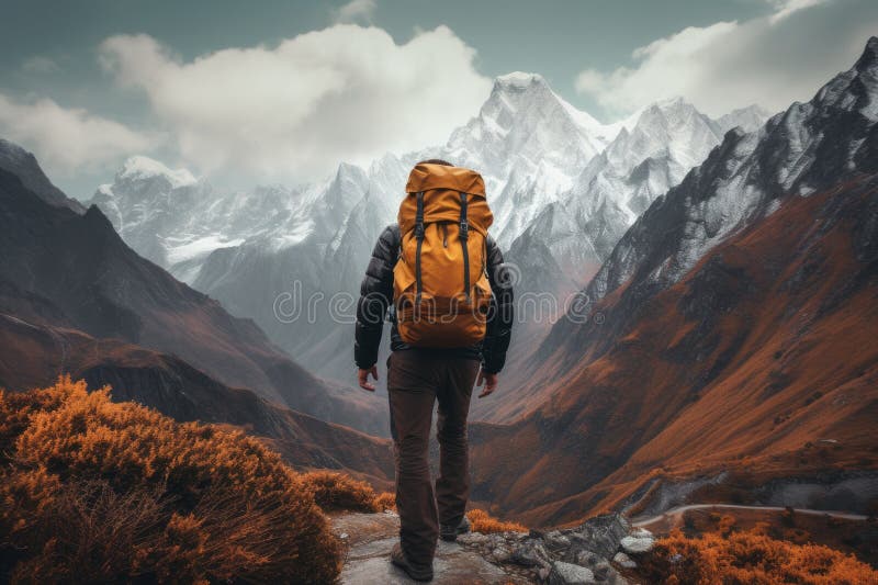 A Hiker with a Large Backpack on a Mountain Path with Dramatic Peaks in ...