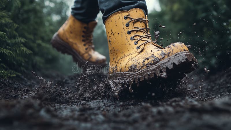 Hiker Walking through Thick Mud in Forest Wearing Yellow Boots Stock ...