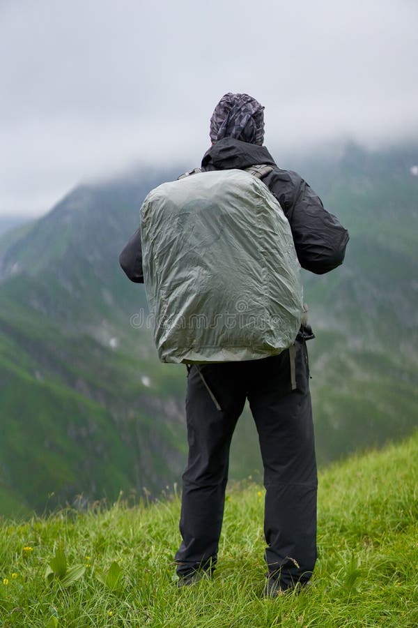 Hiker Man with Backpack on a Mountain Trail Stock Image - Image of path ...