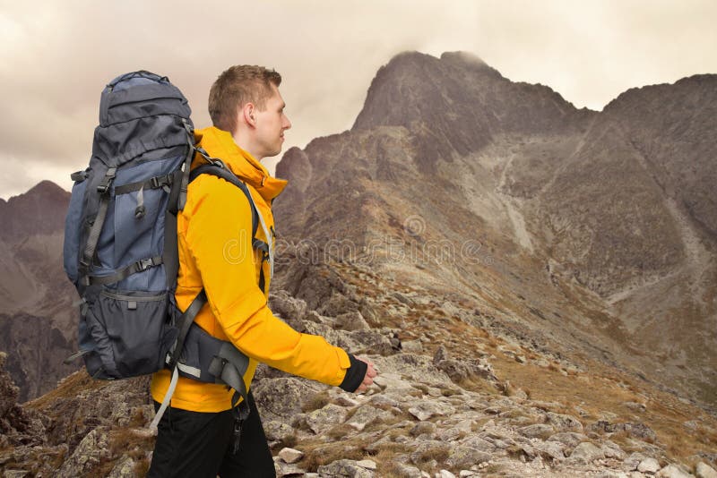 Hiker Man with Big Backpack in Mountains Stock Image - Image of ...