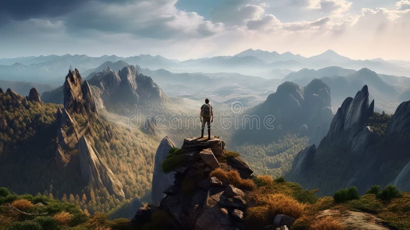 Hiker Man Standing on the Edge of a Cliff, with Sweeping View of ...
