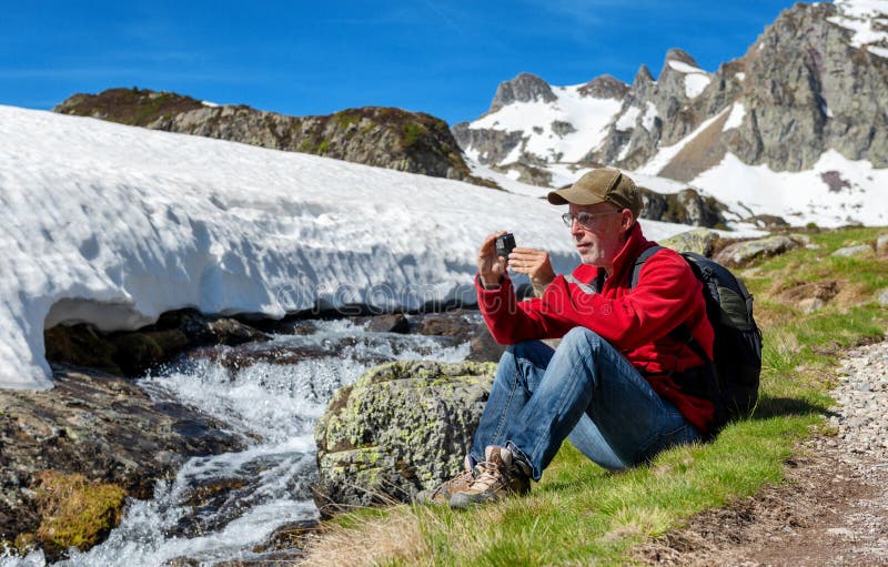 Hiker Man Take a Picture with Action Camera Stock Photo - Image of ...