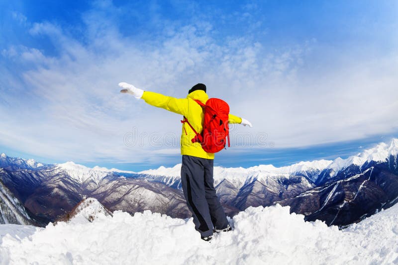 Hiker Man on Top of Snow Mountain Peak Stock Photo - Image of closeup ...