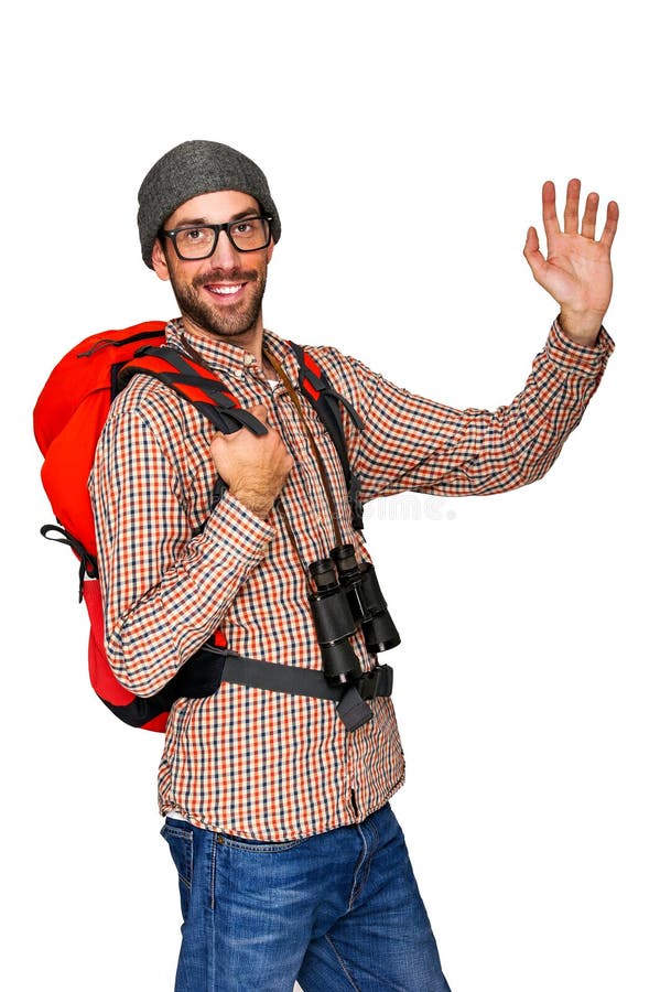 Hiker Man Tourist. Waving Hand. Isolated Over White. Stock Image ...