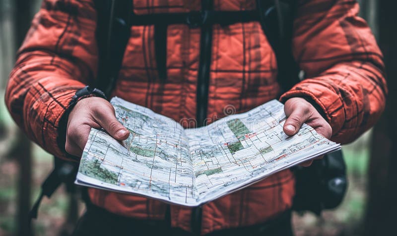 Hiker with Map Navigating in Forest Stock Illustration - Illustration ...