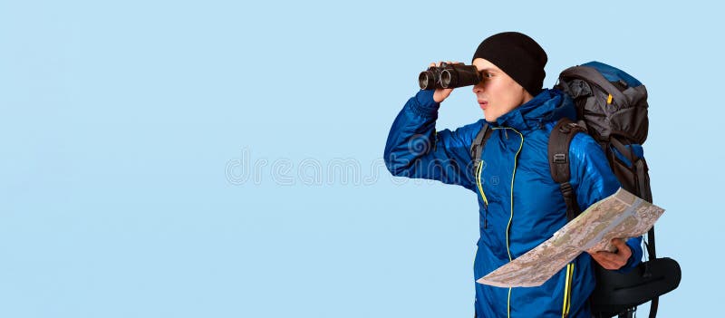 Hiker with Map Using Binoculars, Looking at Free Space Stock Image ...