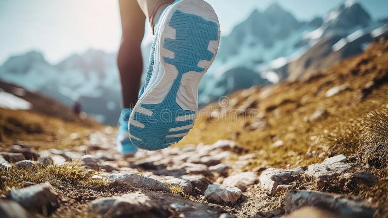 A Hiker on a Mountain Trail, with One Foot in the Air Stock Photo ...