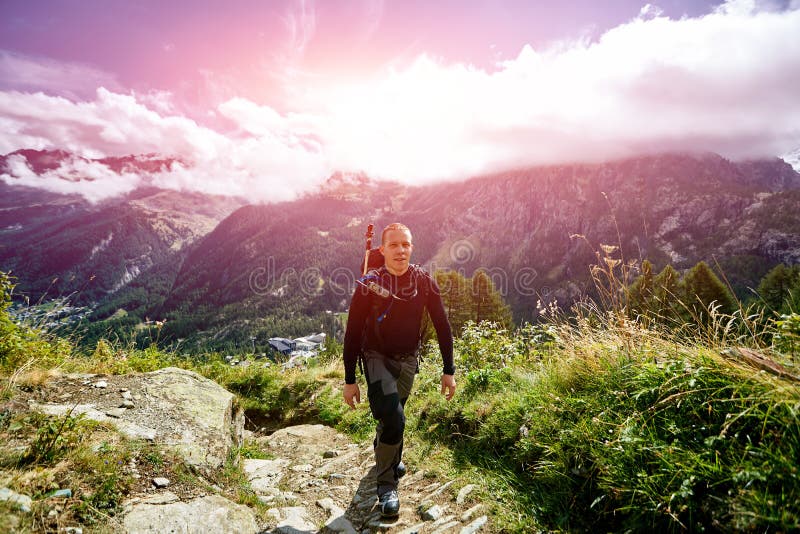 Hiker in the mountains stock image. Image of himalayas - 75836043