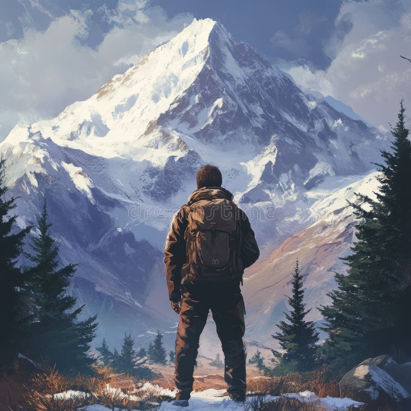 Hiker in the Mountains with a Backpack on His Back and a Map Stock ...