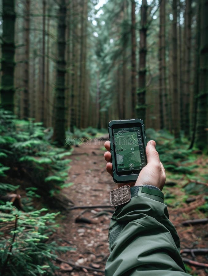 Hiker Navigating Dense Forest Trail with GPS in Hand during Adventure ...
