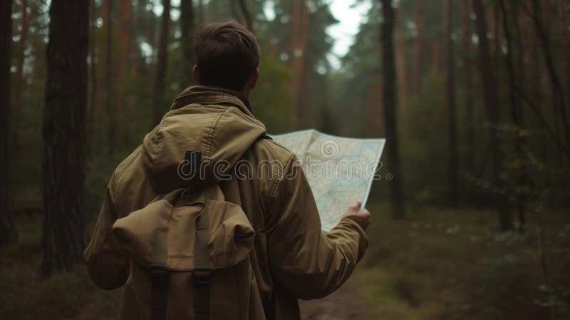 Hiker Navigating through Forest with a Map Stock Photo - Image of ...