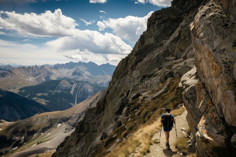 Hiker Navigating a Narrow Mountain Trail with Caution Stock Image ...