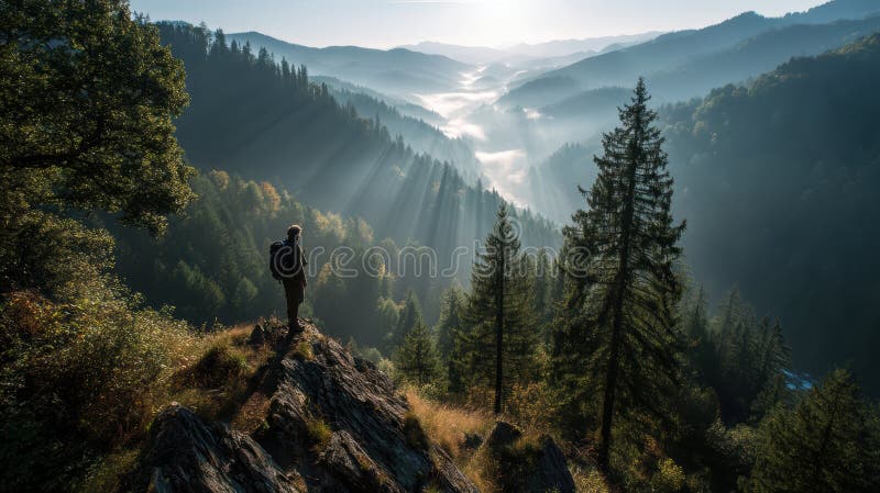 A Hiker Overlooking a Vast Forest Valley, Sun Rays through Fog Stock ...