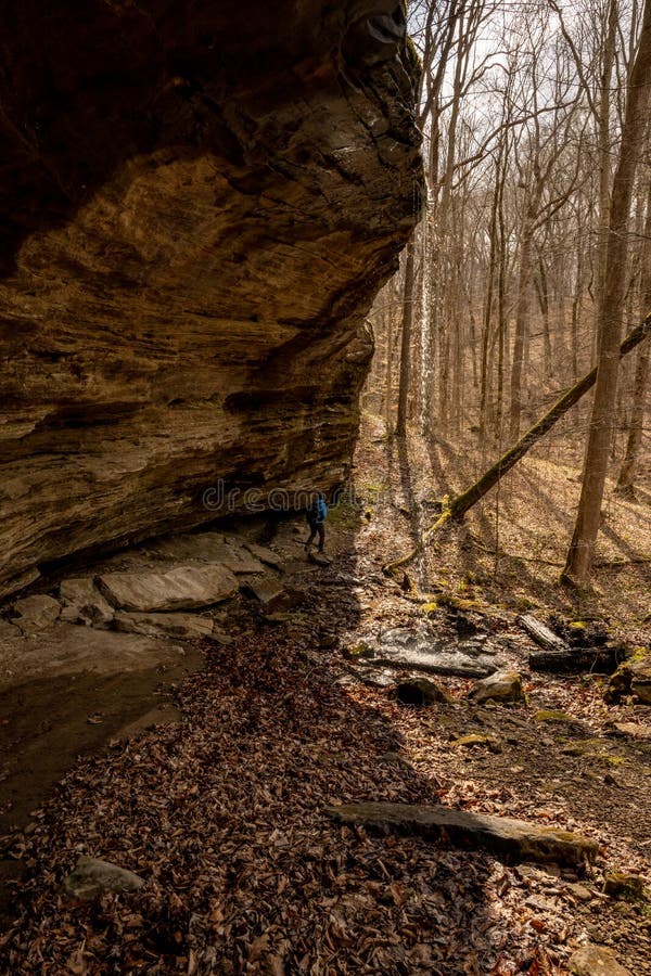 HIker Passes Under Small Waterfall in Remote Mammoth Cave Stock Photo ...
