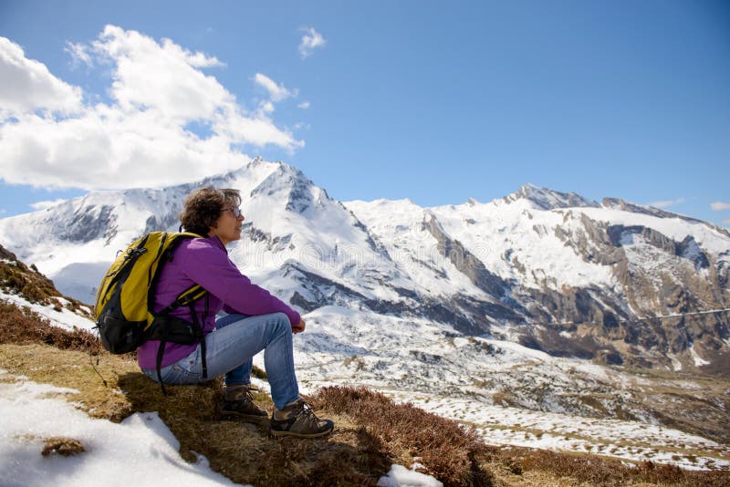 A Hiker in the Pyrenees in Spring with Snow Stock Photo - Image of ...