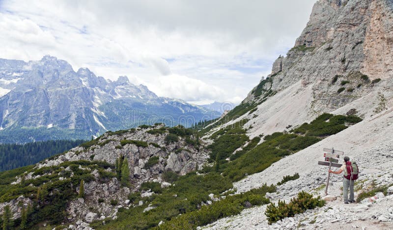 Hiker Reading Trail Signs stock photo. Image of dolomite - 19698740